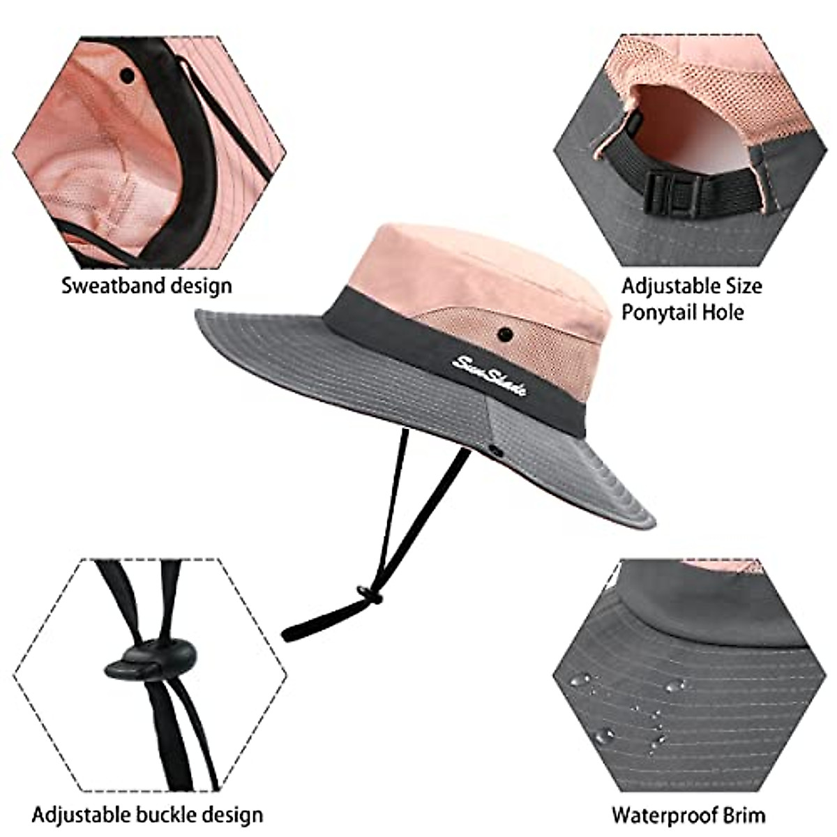 Womens Sun Hat with Ponytail Hole Sun Shade Hat UV Protection Foldable Mesh Wide Brim Beach Hiking Fishing Hat for Women (Pink)