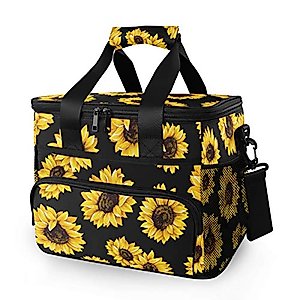 JUMBEAR 15L Leakproof Reusable Insulated Cooler Lunch Bag Office Work Picnic Hiking Beach Lunch Box Organizer with Adjustable Shoulder Strap, Black Sunflower