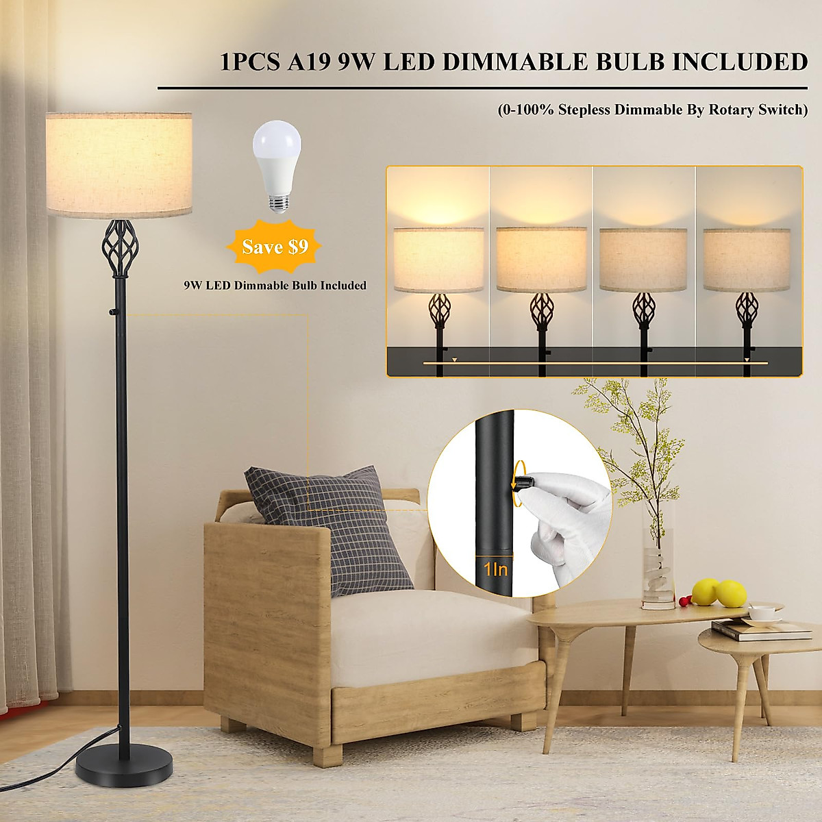 Floor Lamps for Living Room, Standing Lamp, Modern Floor lamp with Linen Shade, Rotary Switch, LED Bulb Included(10W 1000LM), Stepless Dimmable Floor Lamp for Bedroom, Reading Tall Lamp for Office