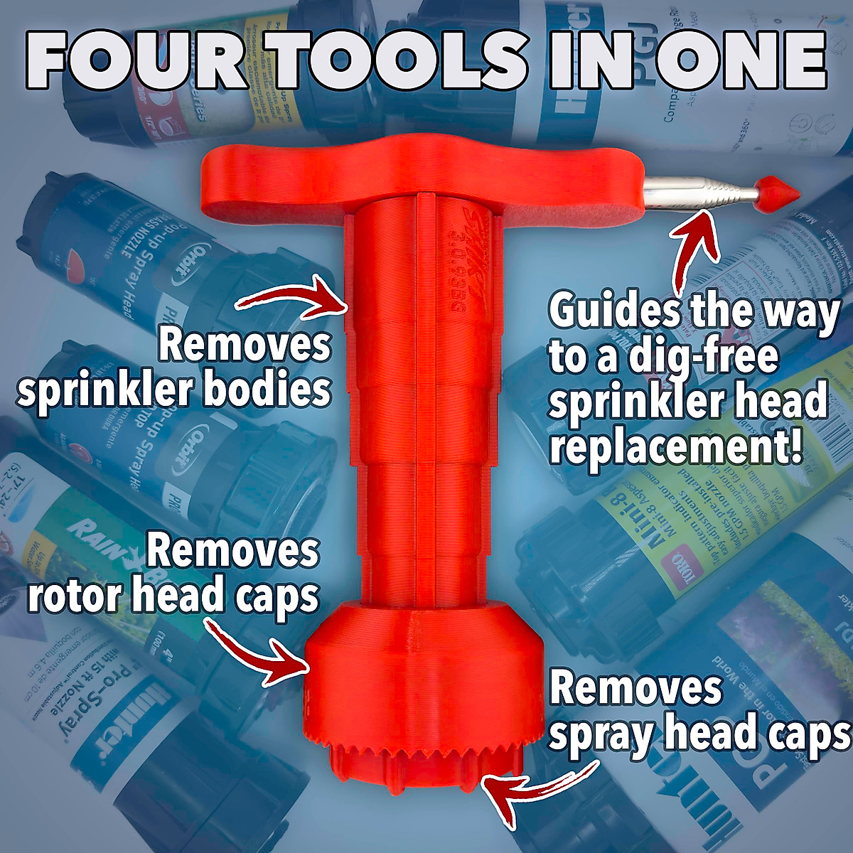 Sprinkler Head Removal Tool 4-in-1, Replace Your Sprinklers Without Digging in Under 2 Minutes, Most Brands Rainbird Toro Orbit Hunter K-Rain, 2024 Upgrade 40% Stronger New Tool, Sprinkler Shirt