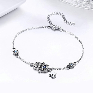 SLUYNZ 925 Sterling Silver Fatima Hamsa Hand Evil Eye Bracelet for Women Blue Round Eyes Bracelet