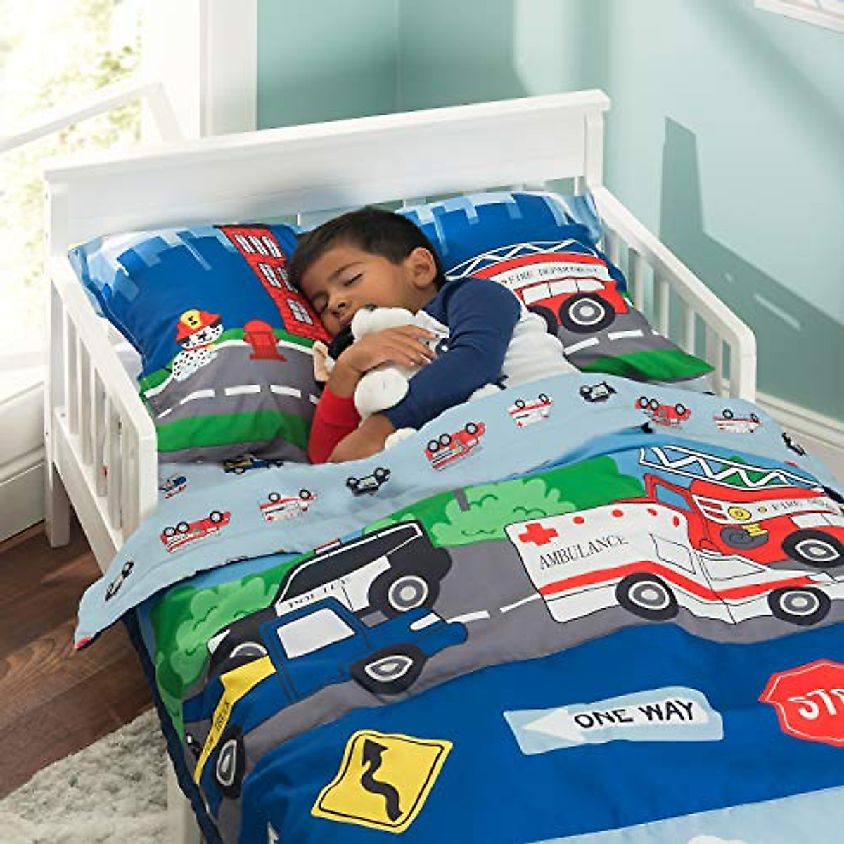 EVERYDAY KIDS 4 Piece Toddler Bedding Set -Fire and Police Rescue- Includes Comforter, Flat Sheet, Fitted Sheet and Reversible Pillowcase