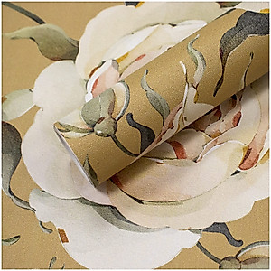 HAOKHOME Vintage Roses Floral Peel and Stick Wallpaper Peonies Removable Yellow/Beige/Olive Vinyl Self Adhesive Mural 17.7in x 9.8ft