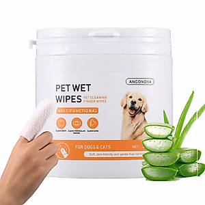 ANCONOVA Pet Teeth Disposable Gentle Cleaning Wipes Multifunctional, Finger Toothbrush for Dogs & Cats Bad Breath Eliminator Removing Plaque & Tartar Buildup No-Rinse Gum Care Pet Wipes 55