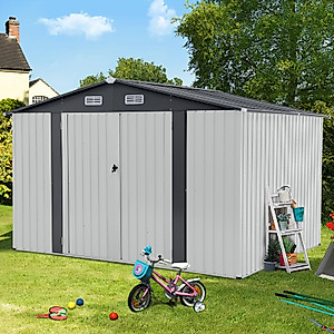Verano Garden 10x8 FT Outdoor Storage Shed, Galvanized Steel Metal Garden Shed, Double Door W/Lock, Outdoor Storage Tool House for Backyard, Patio, Lawn