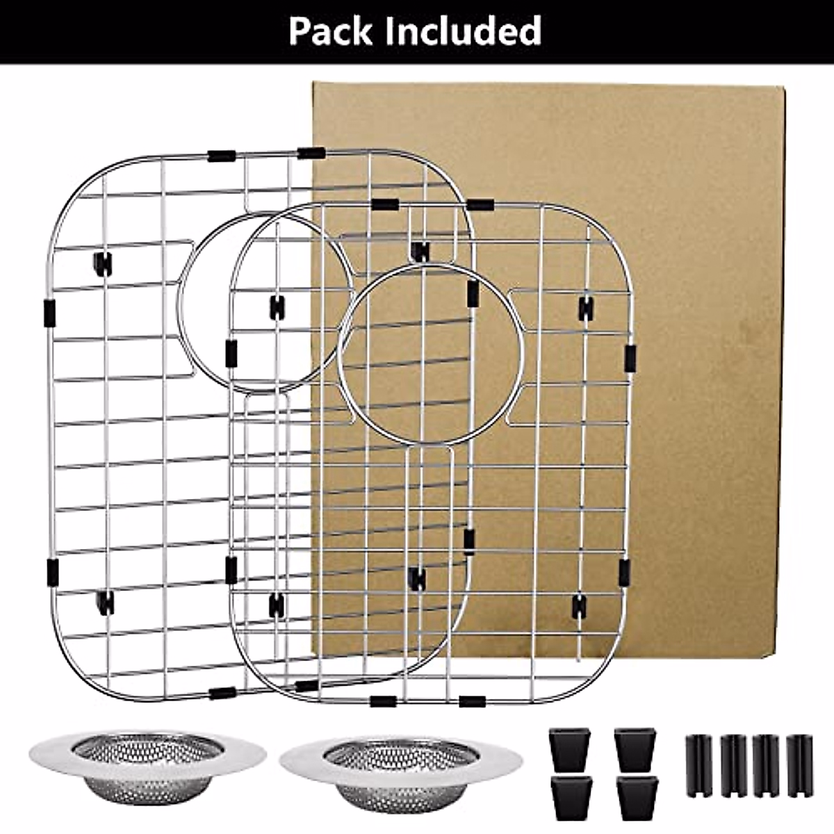 ARLBA 2Pack 304 Stainless Steel Sink Protector for Double Kitchen Sink Rear Drain,(13"x16"& 11.26"x14.5") Metal Sink Grid Sink Grate Sink Rack for Bottom of Kitchen Sink w/Sink Strainers Rubber feet
