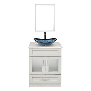 Puluomis Modern Vessel and Boat Sink Tops Combol 24 Inch Bathroom Cabinet with 1.5 GPM Water Save Faucet & Solid Brass Pop Up Drain and Mirror
