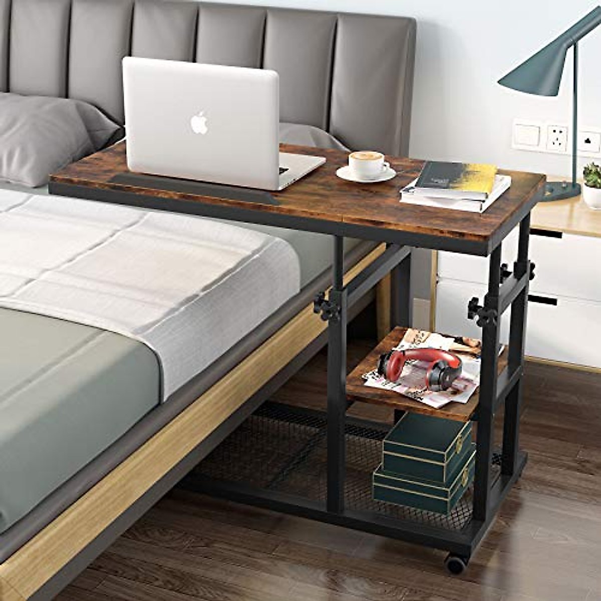 Tribesigns Height Adjustable C Table with Wheels, Mobile Couch Snack Side Table with Tiltable Drawing Board, Sofa Bedside Laptop Stand C Shaped TV Tray with Storage Shelves (Brown)