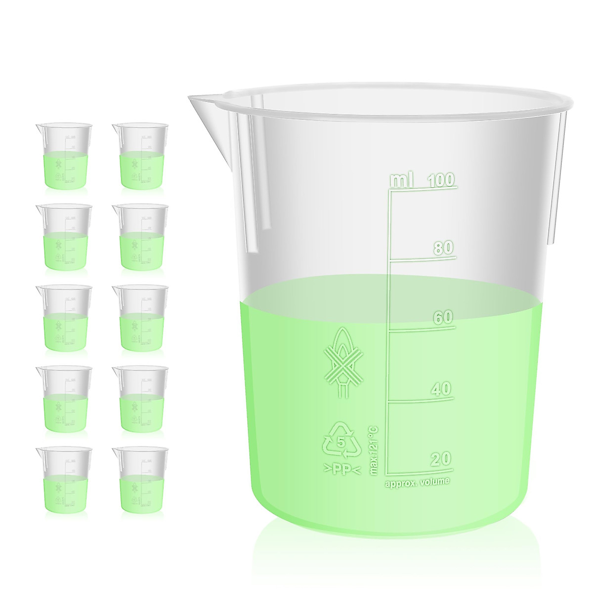 Utile 10 Pcs Plastic Beaker Set with spout of Vol.100ml, Plastic Measuring Beaker For Lab Science with Molded Graduations, 4081.0100.10