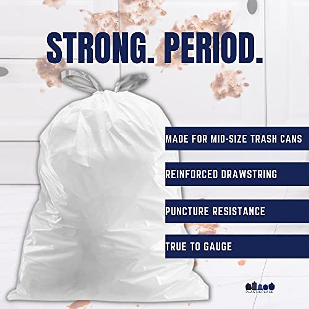 Plasticplace 8 Gallon Trash Bags │ 0.7 Mil │ White Drawstring Garbage Can Liners │ 22" x 22" (100 Count)