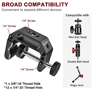 Lanxire Microphone Holder C Clamp with 1/4" and 3/8" Threaded Holes, Mic Clip for Radio Studio, Podcast, Gaming, 5/8" Mic Screw Adapter for Microphones, Max Load 12lb / 5kg