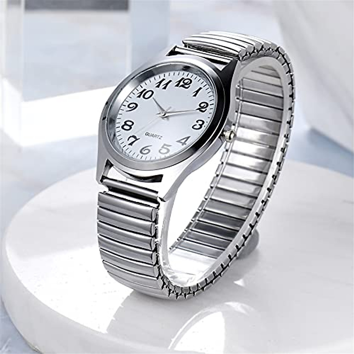 JewelryWe Mens Ultra Thin Easy Reader Watch with Elastic Strap, Golden/Silver Watch