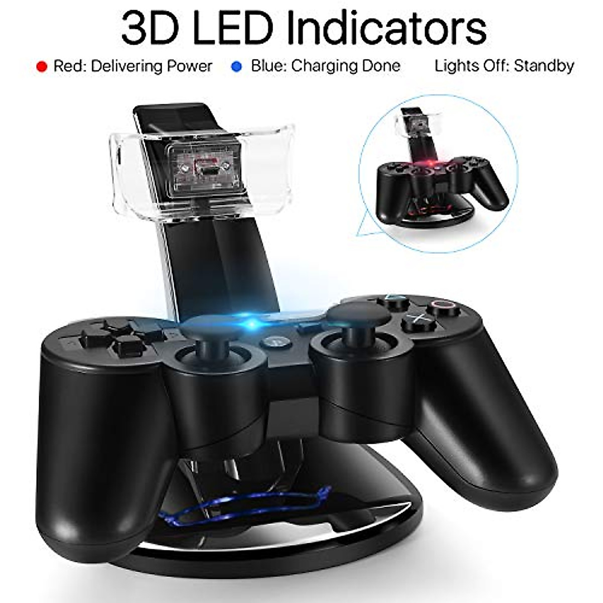 TNP PS3 Controller Charger Stand for Sony Playstation 3 Controller Dualshock 3 Charging, 2 Tier Docking Station Stand and 2 USB PS3 Cable Compatible Ports with LED Indicators, Slim Black