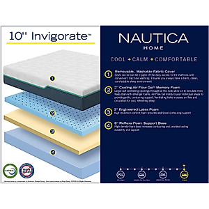 Nautica Home Invigorate 10" Medium-Plush Gel Memory Foam Mattress with Cooling Air Flow and Pressure Relieving Foam Layers, Bed-in-a-Box, Queen White
