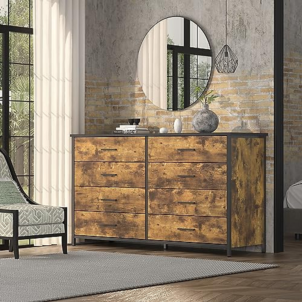 IKENO 8 Drawer Dresser, Industrial Wood Storage Dressers & Chests of Drawers with Sturdy Steel Frame, Storage Dresser for Bedroom Wood (Rustic Brown)