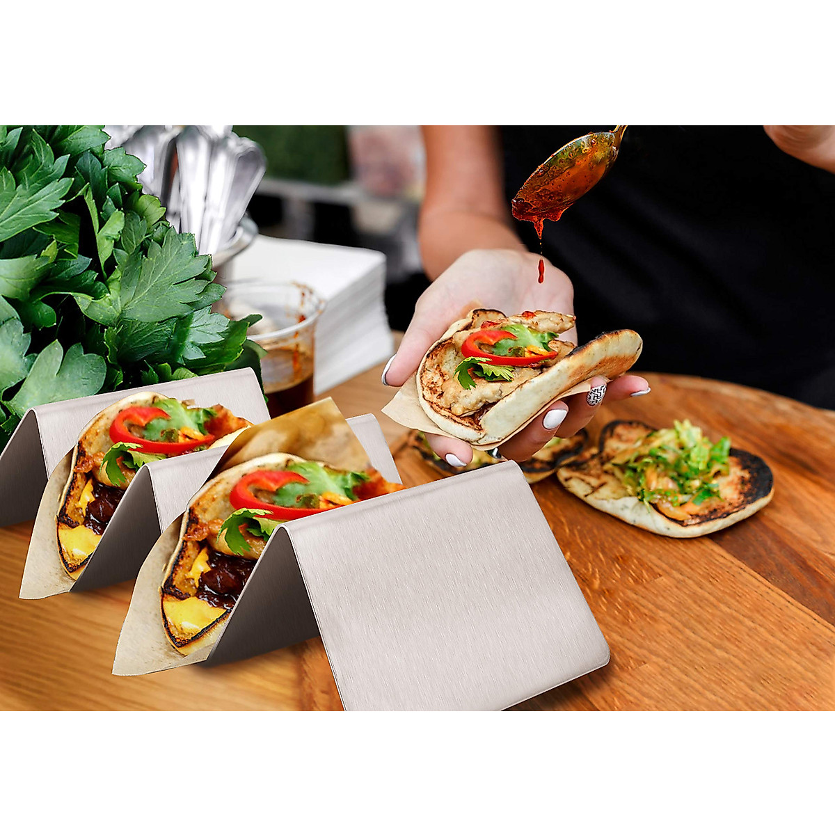 KORCCI Taco Holders Set of 4, Stainless Steel Taco Stand Shell Rack, Each Rack Holds Up to 3 Tacos. Taco Tray Plates for Taco Bar, Easy Serve Tacos. Oven and Grill Safe for Baking, Dishwasher