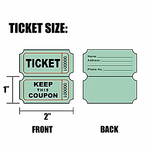 DNB 1000 Raffle Tickets - Double Roll 1000 Pairs per Roll 2 x 2 Inch 50/50 Consecutively Numbered Tickets for Entry/Events/Fundraiser/Prizes - Green