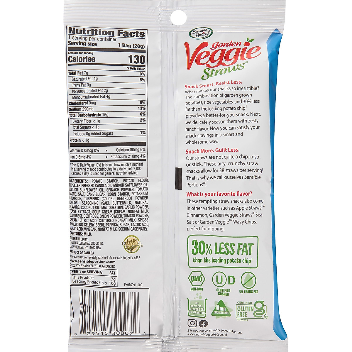 Sensible Portions Garden Veggie Snacks - Veggie Straws, Snack Size, Zesty Ranch, 1 Oz (Pack of 24)