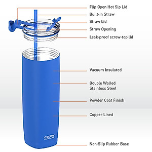 asobu Aqualina Stainless Steel Insulated Water Bottle with Interchangeable Hot and Cold Lid and Built in Straw (Blue)