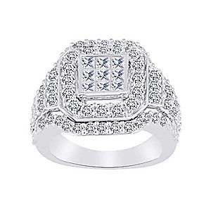 AFFY Princess & Round Shape White Natural Diamond Womens Engagement Wedding Ring In 10k Solid White Gold (3 cttw) Ring Size-10