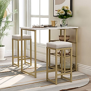 Tiophome Dining Modern Faux Marble Countertop Stools/Storage Shelves, Breakfast Table Chair Home Kitchen Bistro, Living Room Furniture (White/Gold), 3-Piece Bar Pub Set