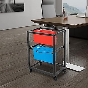 2-Tier Rolling File Cart, Hanging Mobile File Rack, Movable Pull-Out File Folder Rack, File Cabinet with Wheels for Home, Office (Black)