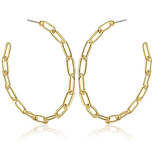 NLCAC 14K Gold Chain Hoop Earrings Chic Shiny Gold Paperclip Chain Link Big Hoop Earrings for Women (Gold)
