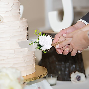Wedding Cake Knife and Server Set of 2, Rustic Style Stainless Steel Bride and Groom Cake Cutting Utensils with Eucalyptus Leaves and White Roses, Pie Cake Pizza Shovel Cutter, A