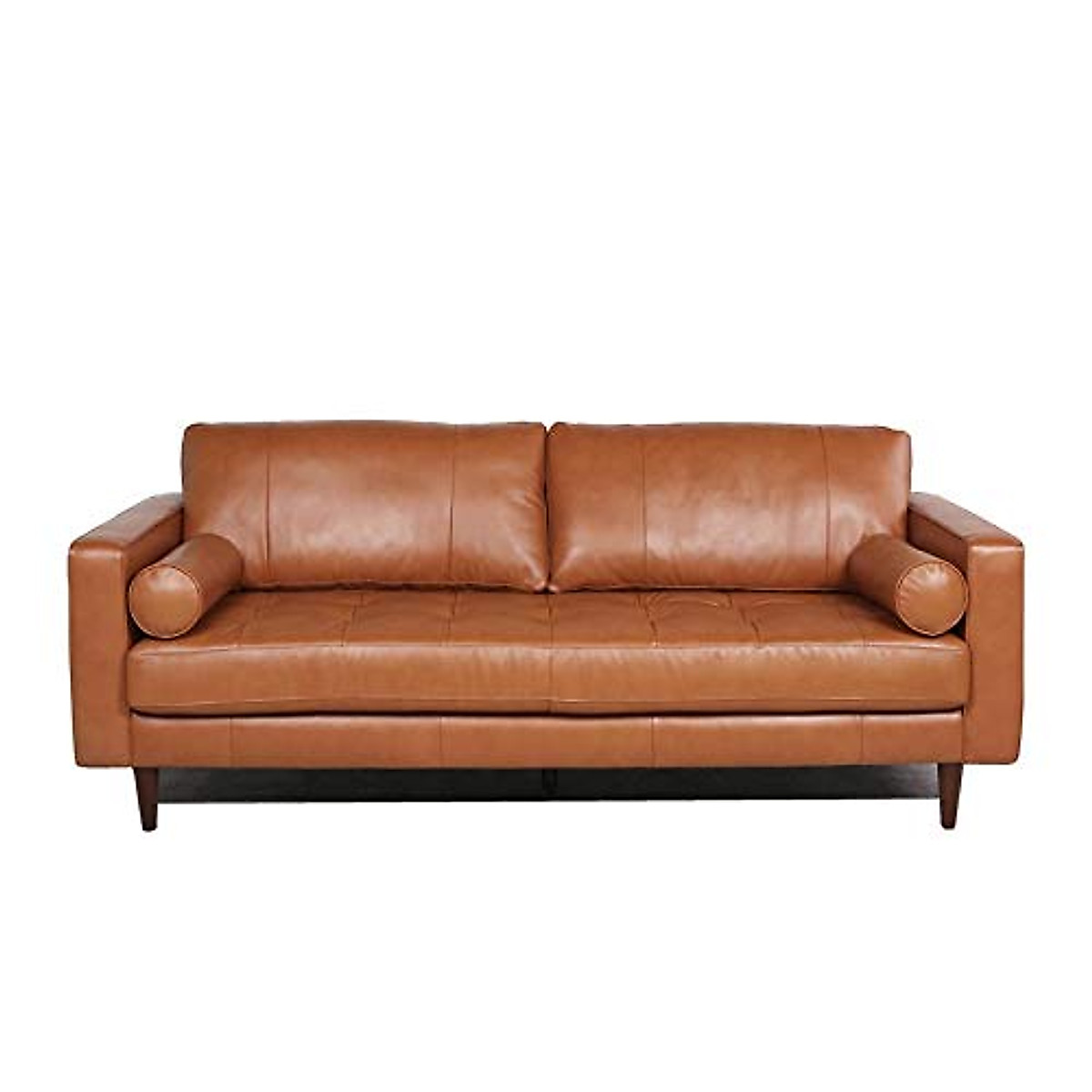 MAKLAINE 88" Top Grain Genuine Leather Tufted 3 Seater Sofa with Bolster Pillows, Mid Century Modern Lawson Style Couch with Excellent Craftsmanship, Camel Brown
