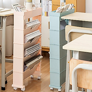 6 Tier Mobile Bookshelf, Moveable Bookshelf Organizer with 360° Universal Wheel Movable Bookshelf Multilayer Capacity for Home, 6 Tier Floor Standing Bookcase Storage Organizer Rack,Pink