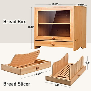 Beglero Bamboo Bread Box with Bread Slicer, Corner Bread Box for Kitchen Countertop, Bread Box for Homemade Bread with Window, Bamboo Bread Box for Kitchen Countertop, Pantry Counter Corner