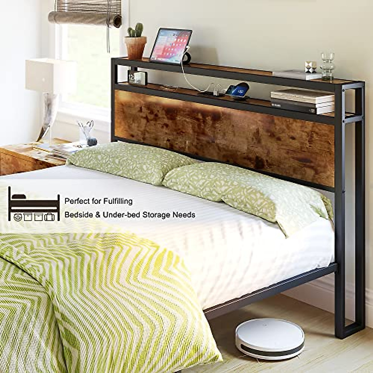 LUXOAK King Size Bed Frame, Platform Bed Frame with 2-Tier Storage Headboard and Charging Station/No Box Spring Needed/Noise Free/Industrial/Rustic Brown