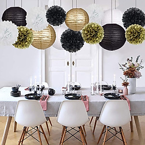 zilue Black Gold Party Decorations, Black Gold Paper Lanterns and Pom Poms Flowers for Birthday Party Graduation Masquerade New Years Party Decor 15PCS