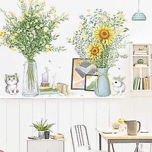 Sunflower Vase Plants Wall Sticker Cute Cat Rabbit Decor, Removable Daisy Flower Green Leaf Wallpaper Decals, AUHOKY Garden Potted DIY Art Mural for Living Room Bedroom Kitchen Nursery Home Decoration