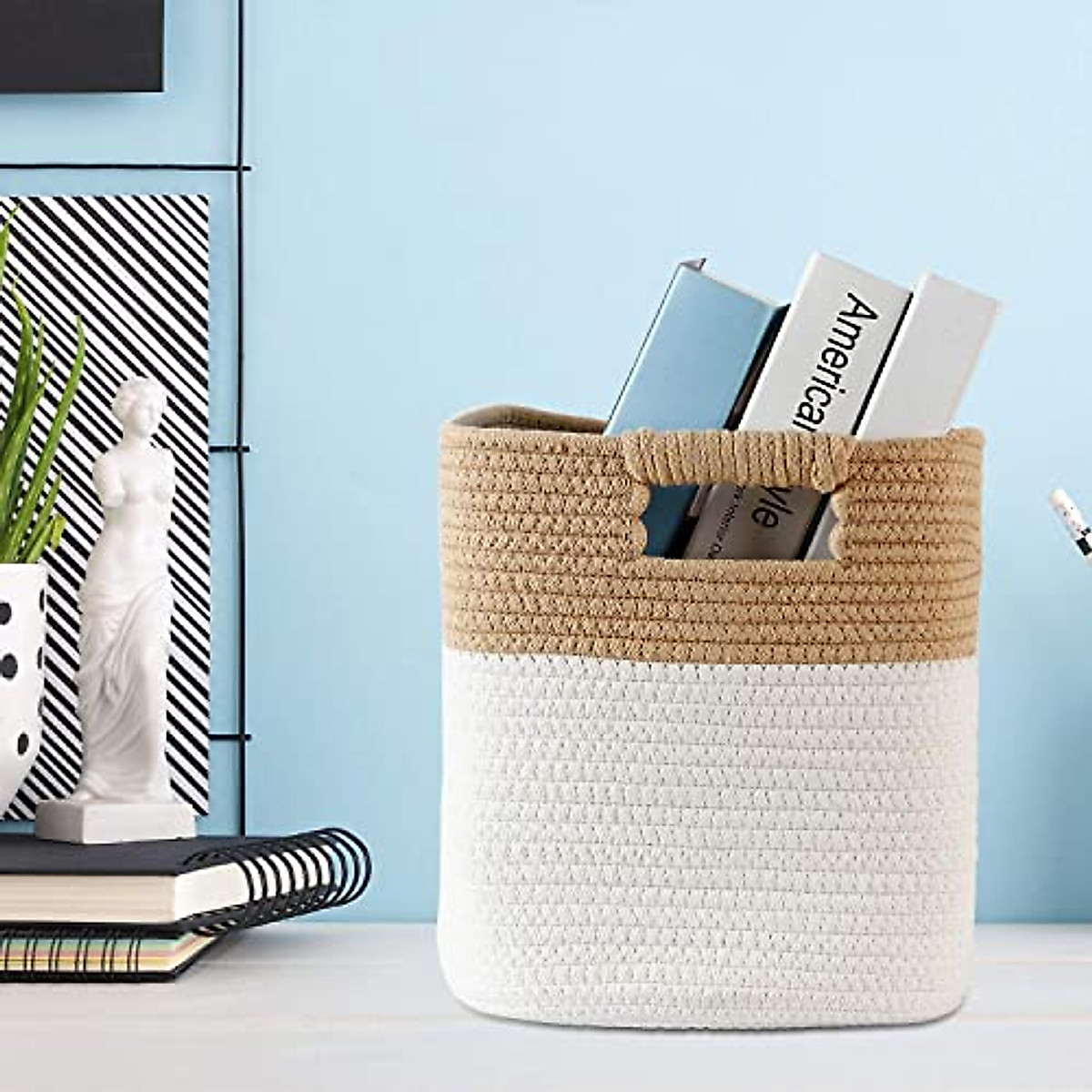 sunla Woven Cotton Rope Storage Baskets Set of 3 Foldable Cube Storage Basket, Durable Decor Rope Basket for Organizing Clothes, Baby Toy, Towel, 10.5" x 10.5" x 11", Yellow White