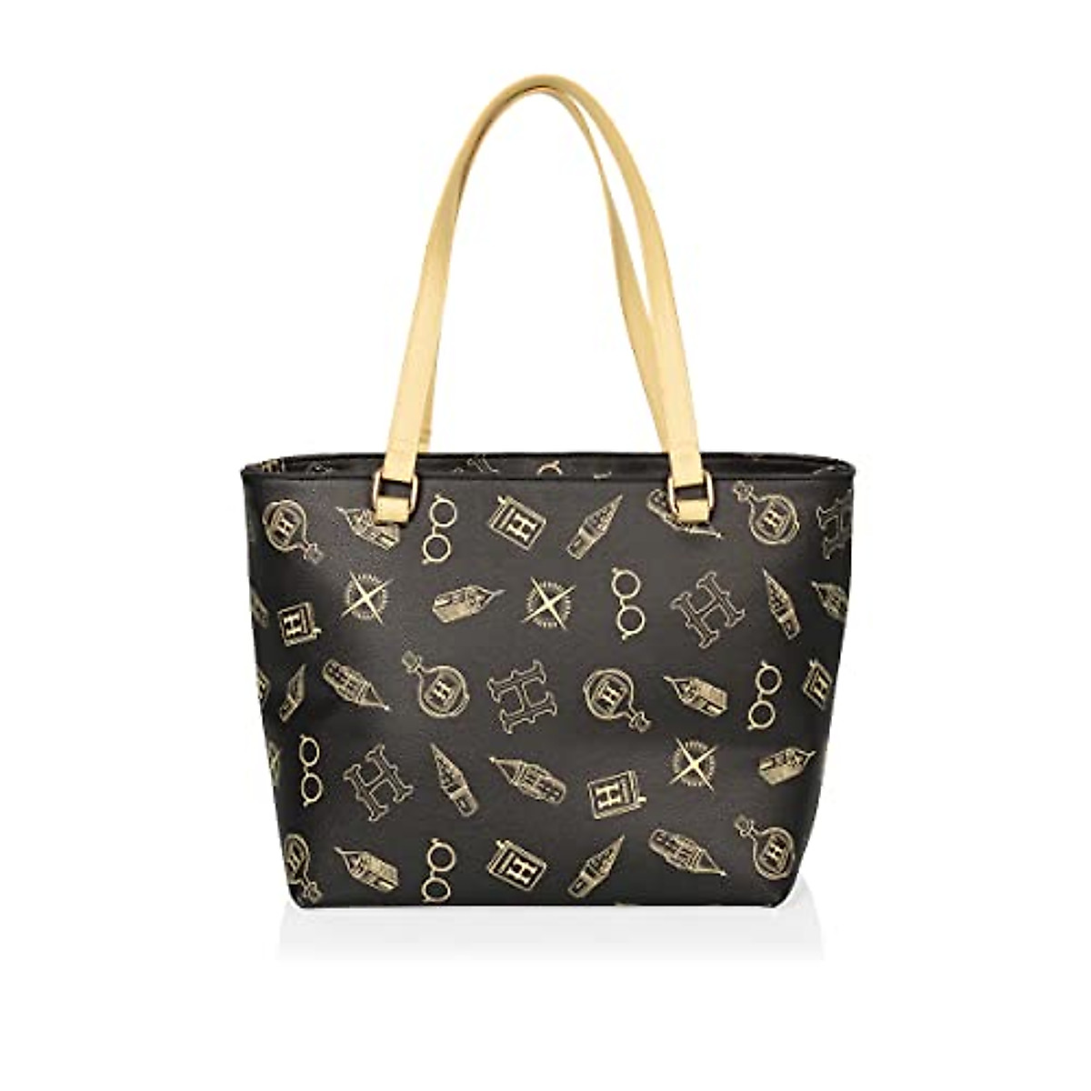 PICNIC TIME Harry Potter Hogwarts Uptown Cooler Tote Bag, Insulated Purse Lunch Bag for Her, Stylish Beach Bag Soft Cooler, (Black with Gold Accents), 14.37 x 7.28 x 10.63