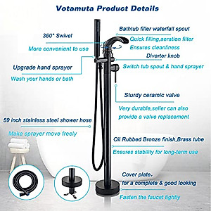 Votamuta Modern Dual Function Floor Mount Tub Filler Freestanding Bathtub Faucet Oil Rubbed Bronze Waterfall High Flow Standing Tub Faucets With Hand Shower Head Mixer Taps