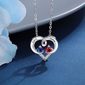 GLAMCARAT Engraved mothers Necklace with 2 Birthstone 2 Names sterling silver Heart shaped pendant Mother Daughter grandma Promise Necklace for Her personalized jewelry for women