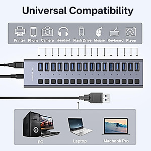 Powered USB 3.1 Hub, ACASIS 16 Ports USB 3.1 Hub with 10Gbps Data Speed，Aluminum Housing, USB Hub Powered with 96W Power Adapter, USB Hub for PC/Laptop, Computer, Flash Drive, Printer, Camera