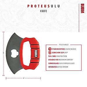 BUBBA ULU Knife with Non-Slip Grip Handle, Curved Blade, Integrated Bottle Opener and Sheath , Red