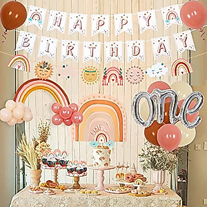 Boho Rainbow 1st Birthday Decorations, Bohemian Rainbow Balloon Happy Birthday Banner Cake Toppers for Girls First Birthday Party Supplies