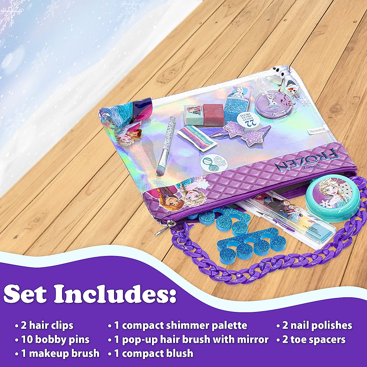 Disney Frozen - Townley Girl Fashion Chain Bag with Peel- Off Nail Polish, Eyeshadow, Hair Accessories, Hair Brush and More, with Rainbow Chain for Girls, Ages 3+