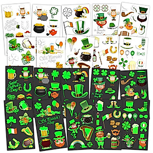 Cerlaza Glow St.Patricks Day Tattoos for Kids, Luminous St.Patricks Day Temporary Tattoos for Boys and Girls, Irish Shamrock Flag Hat Balloons Tattoo Stickers for Party Favors Supplies-10 Sheets