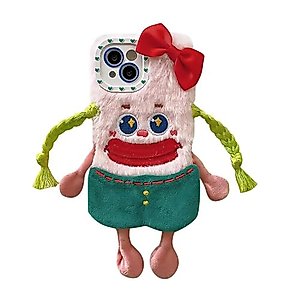 Tewwsdi Compatible for iPhone 14 Phone Case Cute,Kawaii 3D Doll DIY Hair Braids Camera Protector Plush Case,Winter Warm Furry Funny Case for iPhone 14 Women Girls(Green Braids)