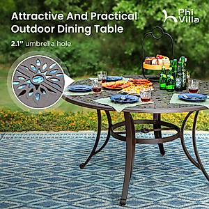 PHI VILLA Cast Aluminum Patio Dining Set for 6 Person, 7 Piece Outdoor Patio Set with 54" Dia Cast-Top Aluminum Table(2.1" Umbrella Hole) and 6 Swivel Rockers Dining Chairs with Seat Cushions