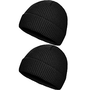 SATINIOR mens 2 Pieces Winter Short Fisherman Beanie Trawler Watch Edge Skullcap Men's Hat, Black, Medium
