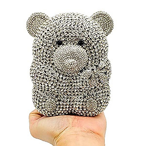 Boutique De FGG Hollow Silver Bear Evening Bag Women Crystal Clutch Purse Party Cocktail Animal Rhinestone Clutch Handbag, Mini