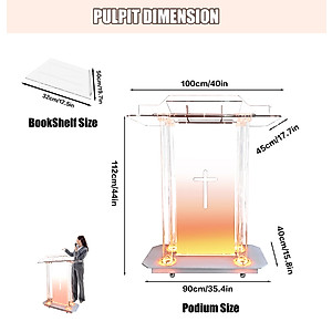 deenkk Cross Acrylic Pulpits for Churches, Clear Church Podium with 16 Colors Led Lights & Wheels, 46” Acrylic Podium with Incline Reading Platform for Church Wedding Concert Speech Classroom