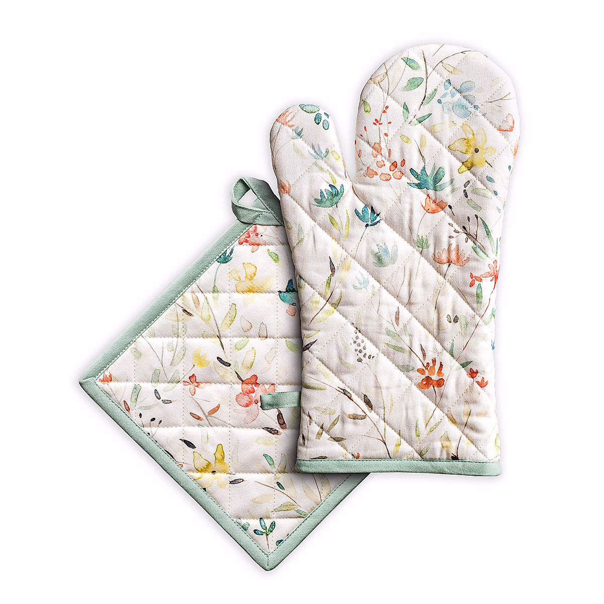 Maison d' Hermine Oven Mitt & Pot Holder 100% Cotton Heat Resistant Oven Gloves (7.5"x13") & Hot Pads (8"x8") Combo, BBQ, Cooking, Chef & Restaurants, Colmar - Spring/Summer