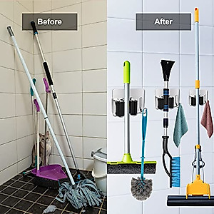 3Pcs Mop & Broom Holder Wall Mount, Broom Holder Self Adhesive Mop Rack Broom Hanger Heavy Duty Broom Storage Tool Organizer for Kitchen, Garage, Garden, Bathroom, Basement, Storage Room